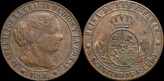 1868, 1 Centimos de Escudo Isabel II, Barcelona Mint - 18 mm / 2.50 gr.