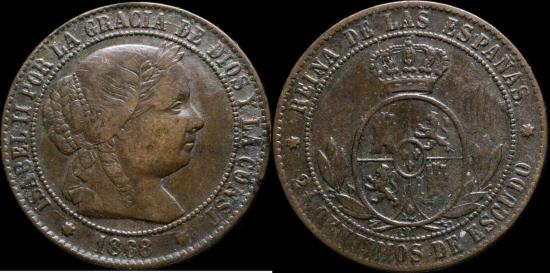 1868 , 2 y 1/2 Centimos de Escudo Isabel II, Sevilla Mint - 21 mm / 6. ...