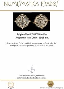 Religious Medal XVI-XVII Crucified / Anagram of Jesus Christ - 21x18 mm.