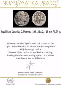 Republican Denarius, C. Memmia (109-108 a.C.) - 19 mm / 3.74 gr.