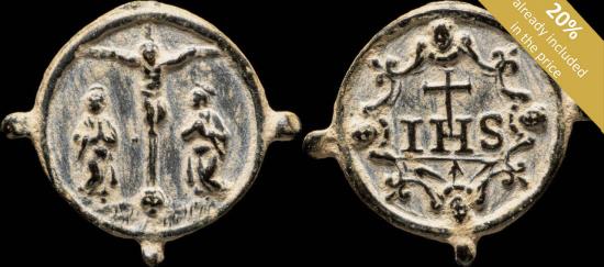 Religious Medal XVI-XVII Crucified / Anagram of Jesus Christ - 21x18 mm.