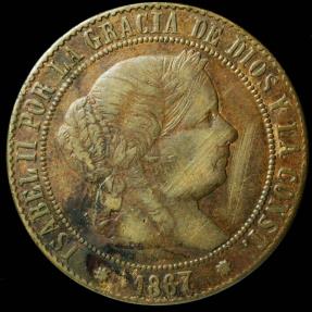 1867, 5 centimos Escudo Isabel II, Barcelona Mint - 32 mm / 12.75 gr.