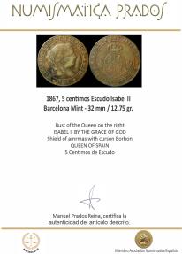 1867, 5 centimos Escudo Isabel II, Barcelona Mint - 32 mm / 12.75 gr.