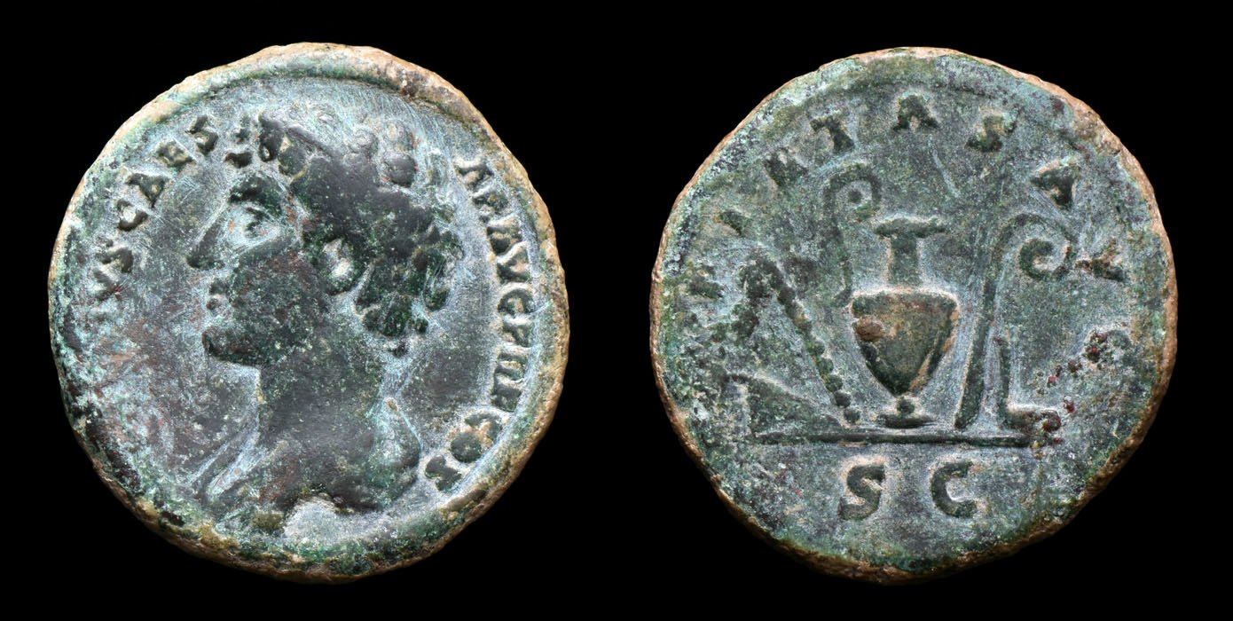 MARCO AURELIUS. Æ. Ace. PIETAS. 140-143 AD | Roman Imperial Coins