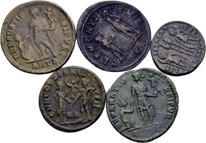 Lot of 5 late Roman coins - Tacitus, Gratian, Theodosius, Constantine ...