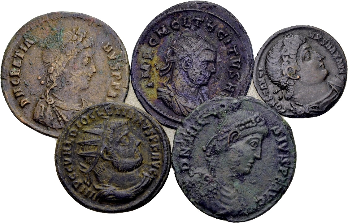 Lot of 5 late Roman coins - Tacitus, Gratian, Theodosius, Constantine ...