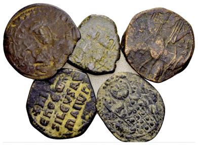 Lot of 5 Byzantine AE coins - Nicephorus Phocas, Justin II, Constantine ...