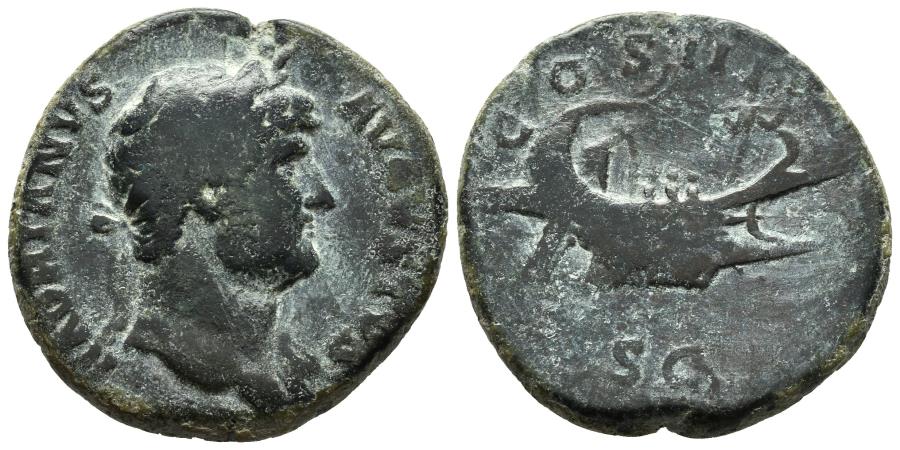HADRIAN, Ae, As. 125-128 AD. Rome. COS III, galley right; SC in exergue.