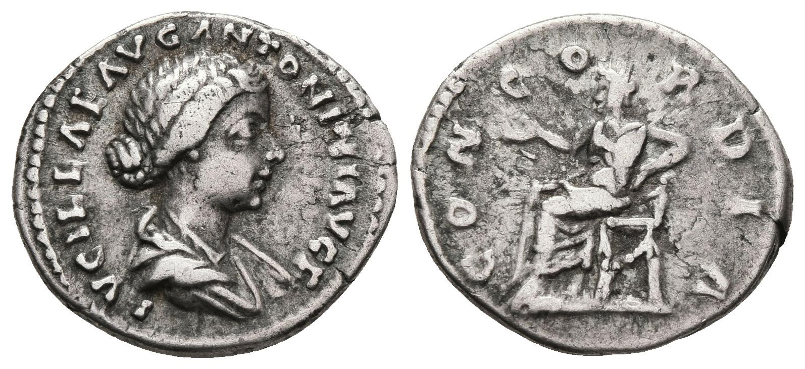 LUCILLA. AR, Denarius. AD 161-163. Rome. CONCORDIA, Concordia seated ...