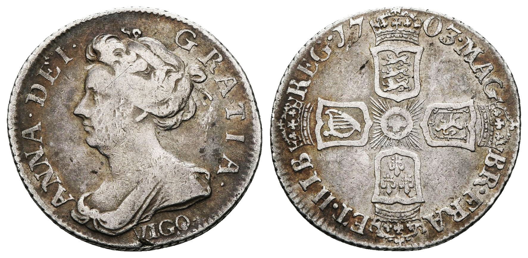 GREAT BRITAIN. Anna. Ar, 6 Pence. 1703. Vigo. Struck with the silver ...