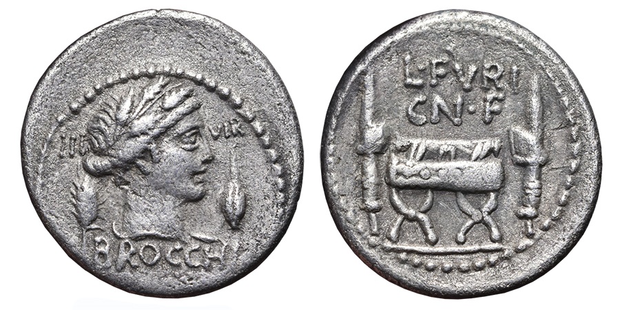 L. FURIUS BROCHHUS. AG, Denarius. 63 BC. Rome mint. Ceres / Curule ...