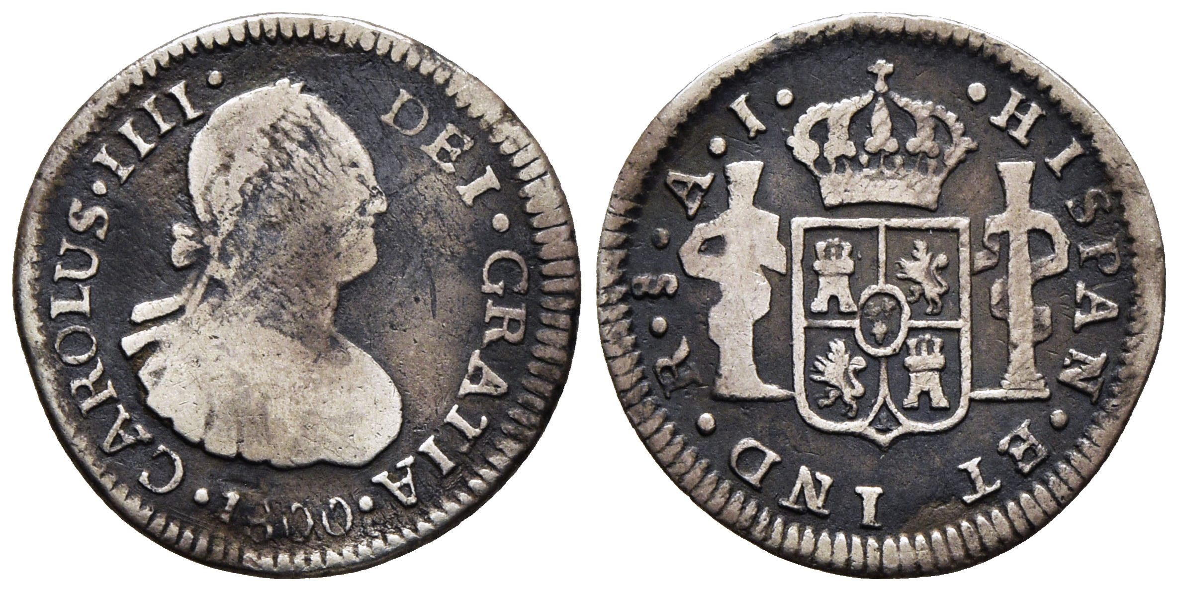 CAROLUS IV. AR, 1/2 Real. 1800. Santiago de Chile AJ. AC-347. Rare ...