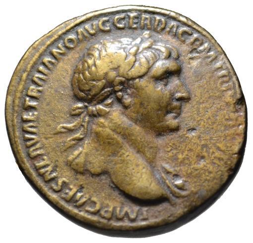 Trajan AE sestertius - Emperor on horseback thrusting fallen Dacian ...