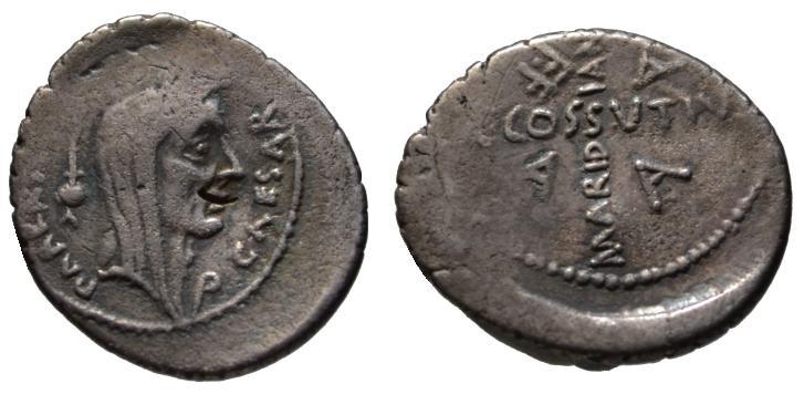 Julius Caesar AR veiled portrait denarius - Cossutius Maridianus moneyer