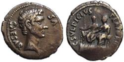 Augustus AR denarius - Augustus & Agrippa on platform - Rare R2 good VF