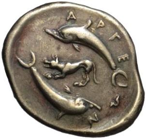 19th C. BMC electrotype - Argos AR tetradrachm - Dog & Dolphins