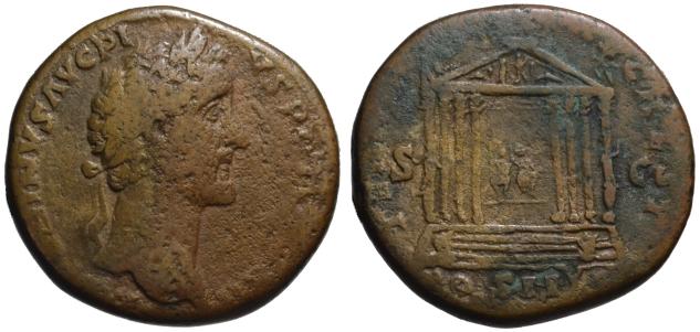Antoninus Pius AE sestertius - Temple of Divus Augustus & Livia
