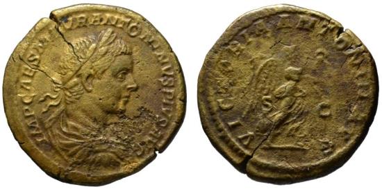 Rare Elagabalus AE sestertius - VICTORIA ANTONINI AUG - Tiber Patina