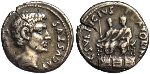 Augustus AR denarius - Augustus & Agrippa on platform - Rare R2 good VF