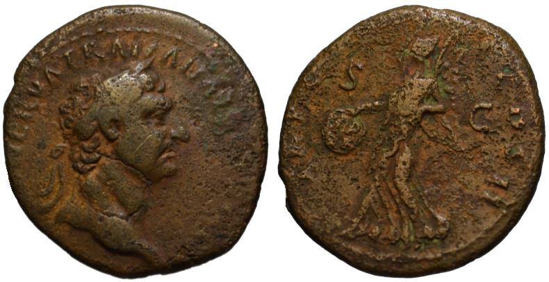 Trajan AE As - Victory holding SPQR shield - Unusual elderly portait