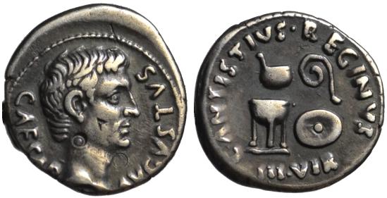 Augustus AR denarius - Sacrificial Implements - Antistius Reginus