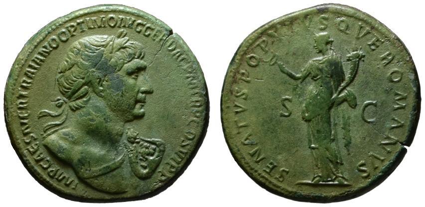 Trajan AE sestertius - FELICITAS - Very Rare Heroic Bust Type
