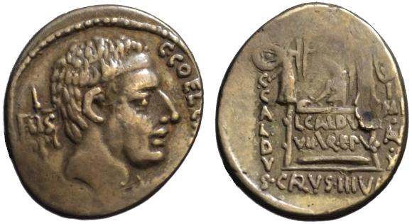 Coelius Caldus AR denarius - Trophies flanking lectisternium - Good VF Rare