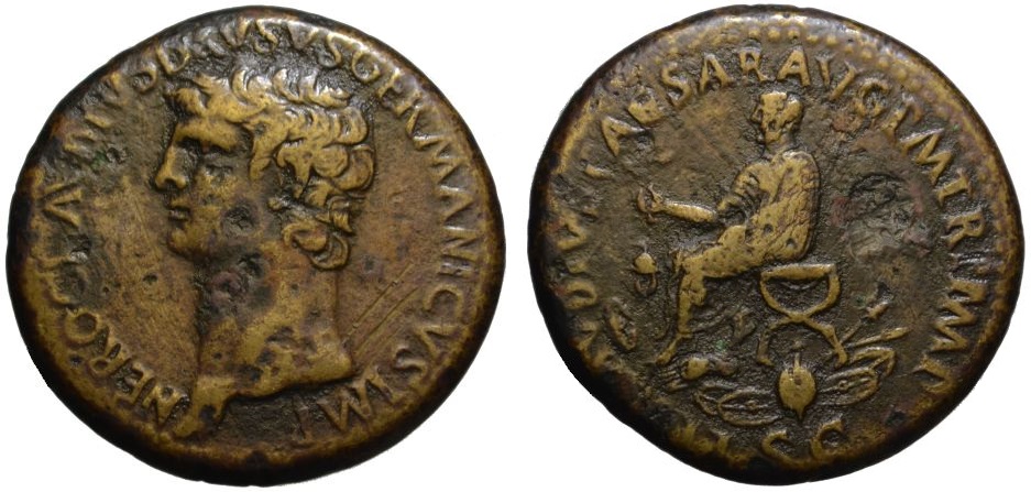 Nero Claudius Drusus AE sestertius - Claudius seated on weapons