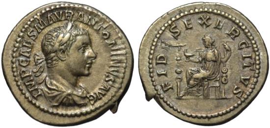 Elagabalus AR denarius - FIDES EXERCITVS - aEF huge flan | Roman ...