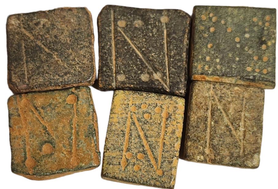 LOT OF 6 ANCIENT LATE ROMAN/ BYZANTINE BRONZE WEIGHT. 400 - 700 A.D