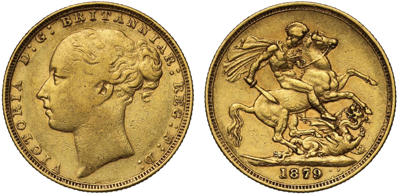 Victoria 1879 Sovereign St. George, London mint, doubled date