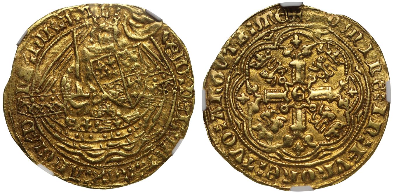 Edward III Half-Noble Transitional Treaty period XF40, cursing type reverse