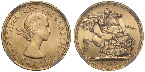 Elizabeth II 1957 Gillick Sovereign MS64 | European Coins