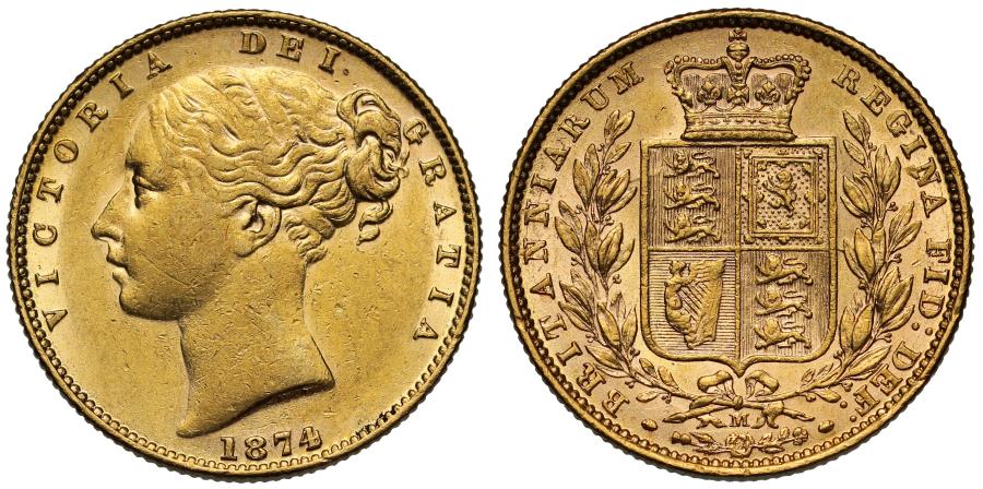 Victoria 1874 M Sovereign, Melbourne Mint, shield reverse | European Coins