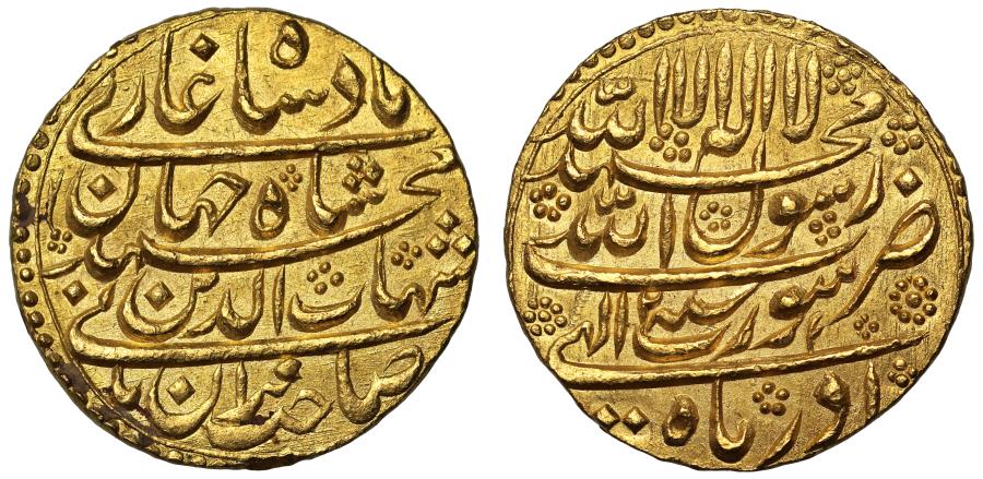 Shah Jahan, Gold Mohur, Surat, MS66. | Asian and Middle Eastern Coins