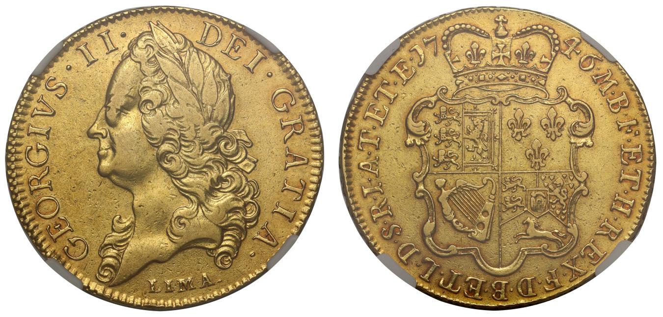 George II 1746 LIMA Five-Guineas, struck from captured gold, NGC XF40