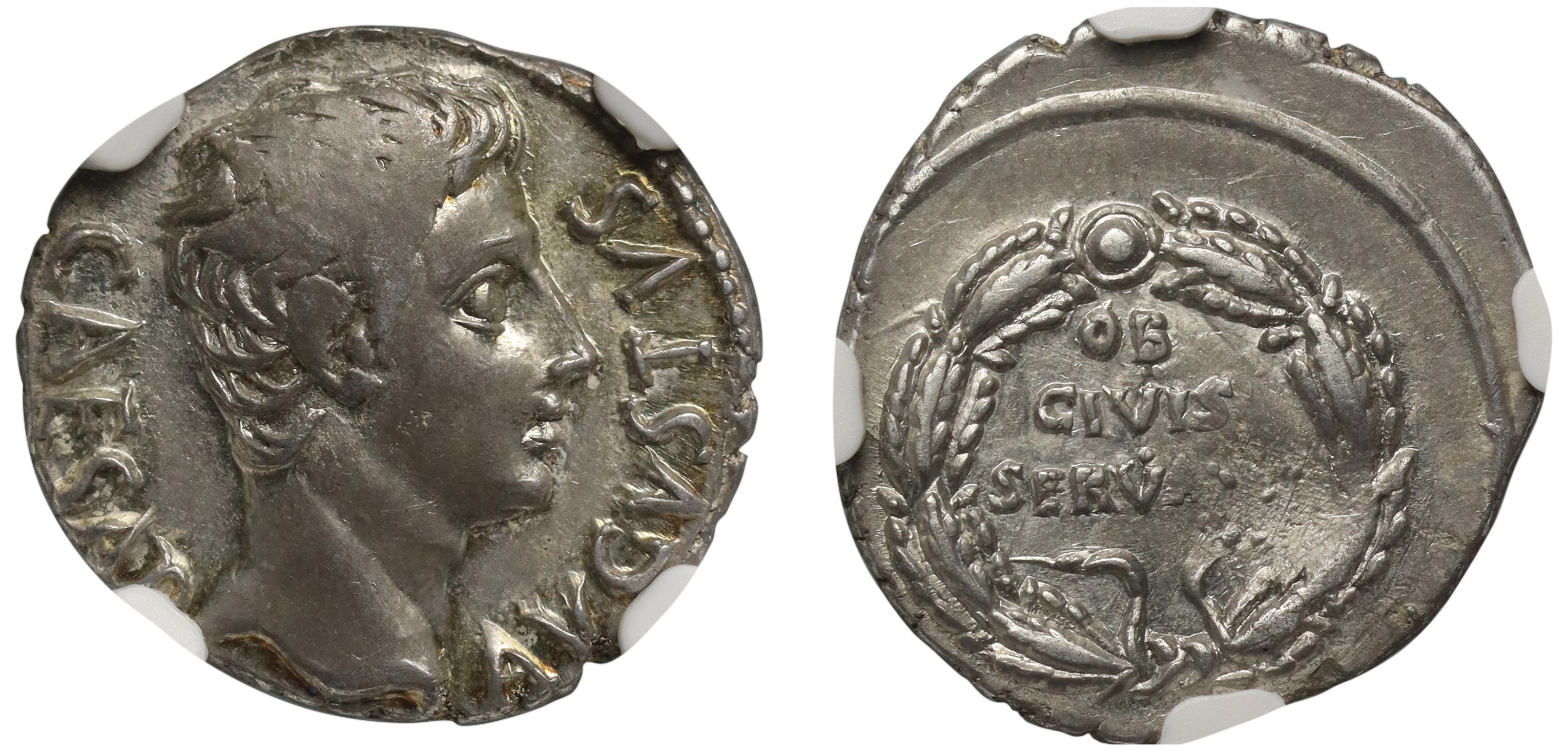 Augustus, silver Denarius, NGC AU 2/5 5/5 | Roman Imperial Coins