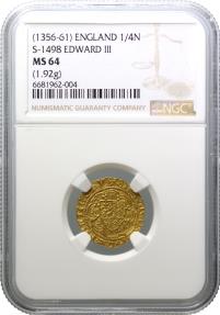 Edward III gold Quarter-Noble MS64, Pre-Treaty G, 4 lis shield, E on ...