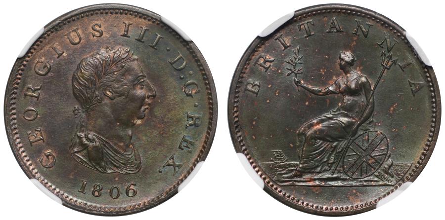 George III 1806 copper Halfpenny no berries variety MS63BN | European Coins