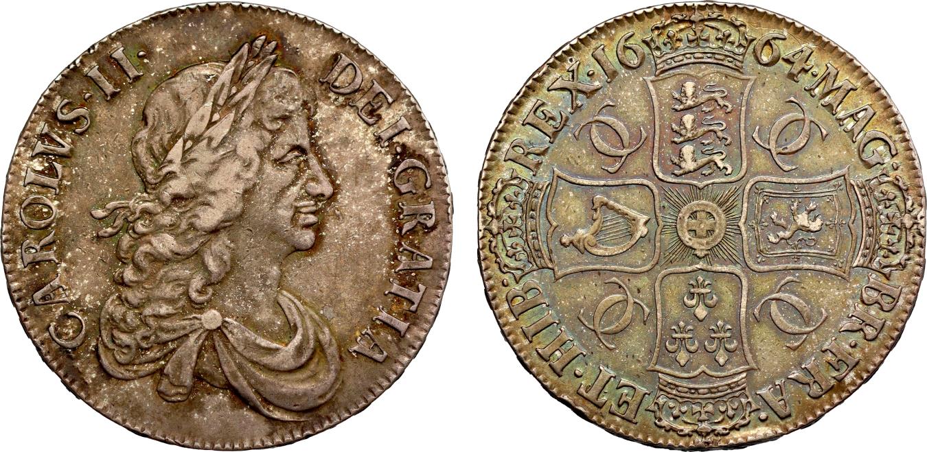 Charles II 1664 silver Crown, second bust, AU50 | European Coins