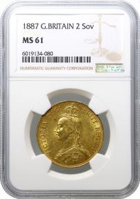 Victoria 1887 Two-Pounds, Golden Jubilee, MS61 small BP short date