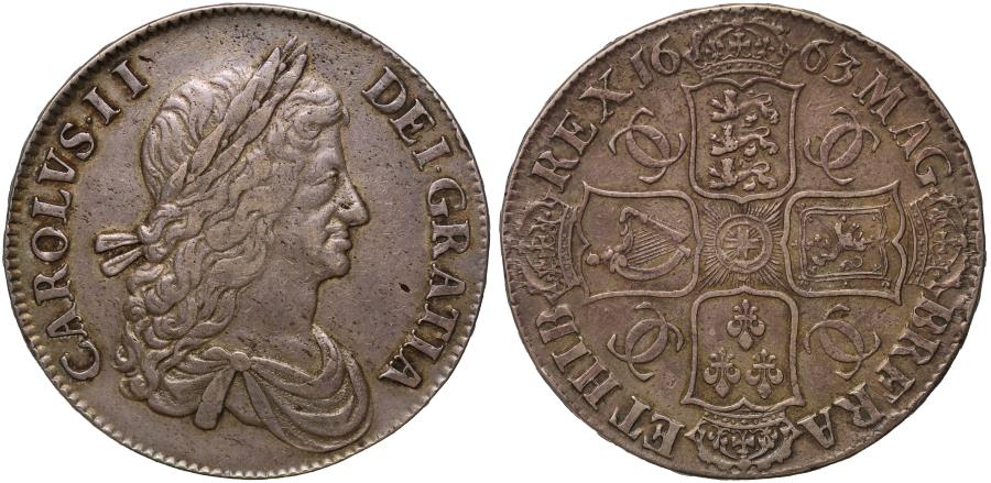 Charles II 1663 Crown, first bust no rose, frosted cloak, no stops on ...
