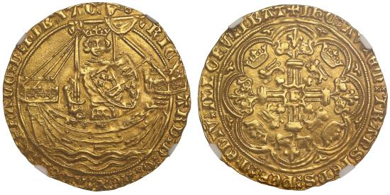 Richard II gold Noble, Tower Mint type 1b, annulet over sail, NGC MS63 ...