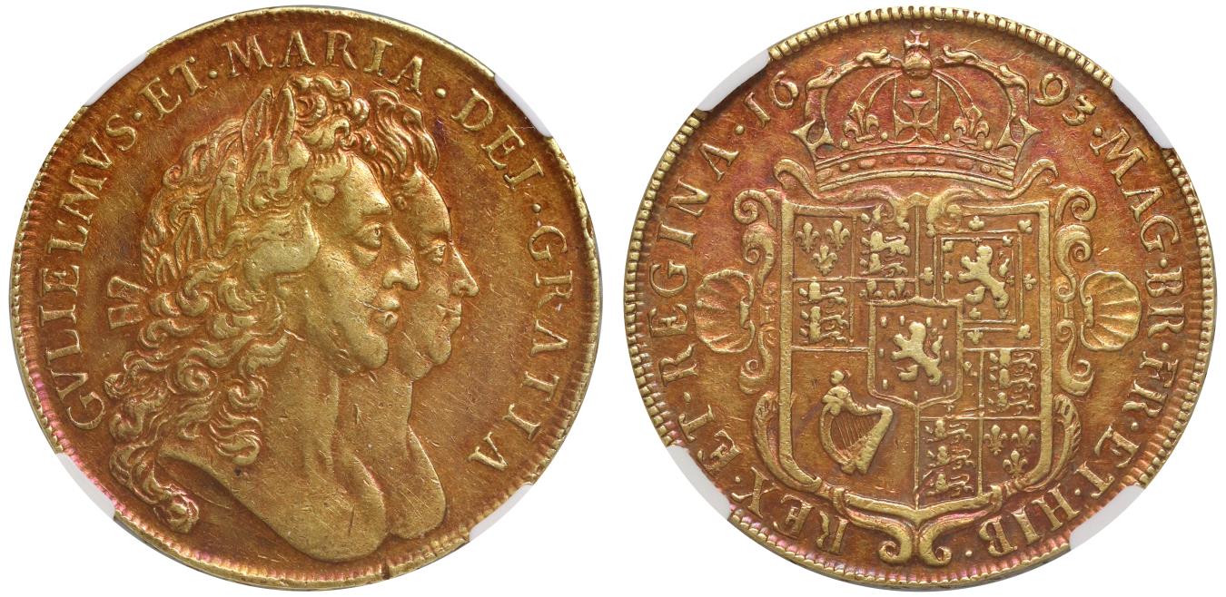 William & Mary 1693 Five-Guineas, QVINTO edge year, NGC AU53 | European ...