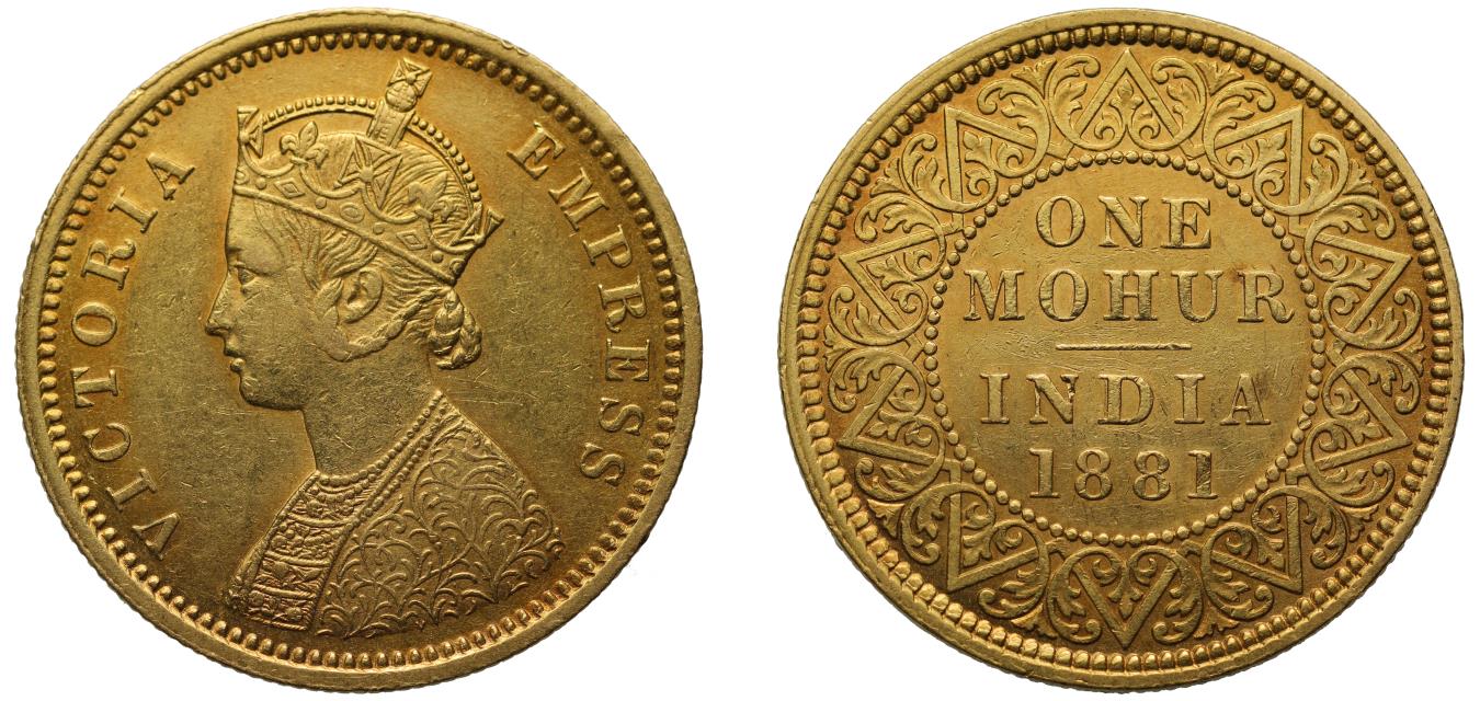 Victoria, Gold Mohur, 1881, AU 55. | Asian and Middle Eastern Coins