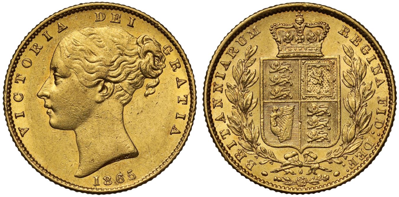 Victoria 1865 Sovereign die 6 below shield on reverse | European Coins
