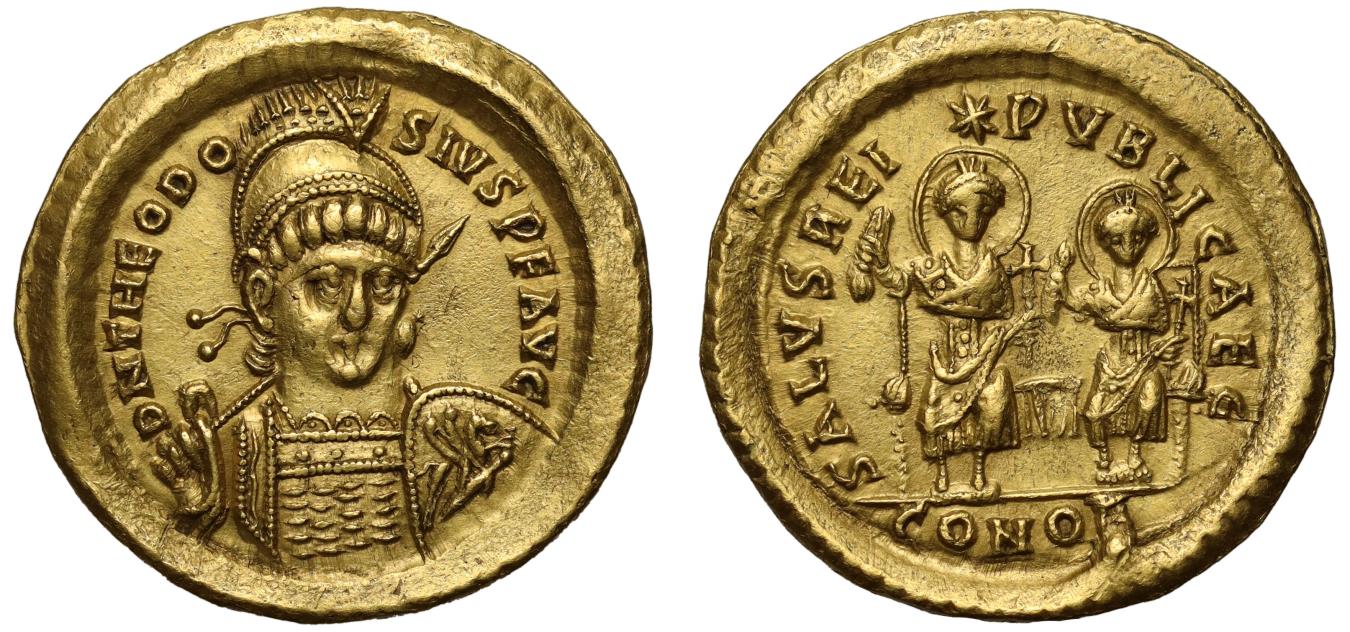 Theodosius II with Valentinian III, gold Solidus. | Roman Imperial Coins