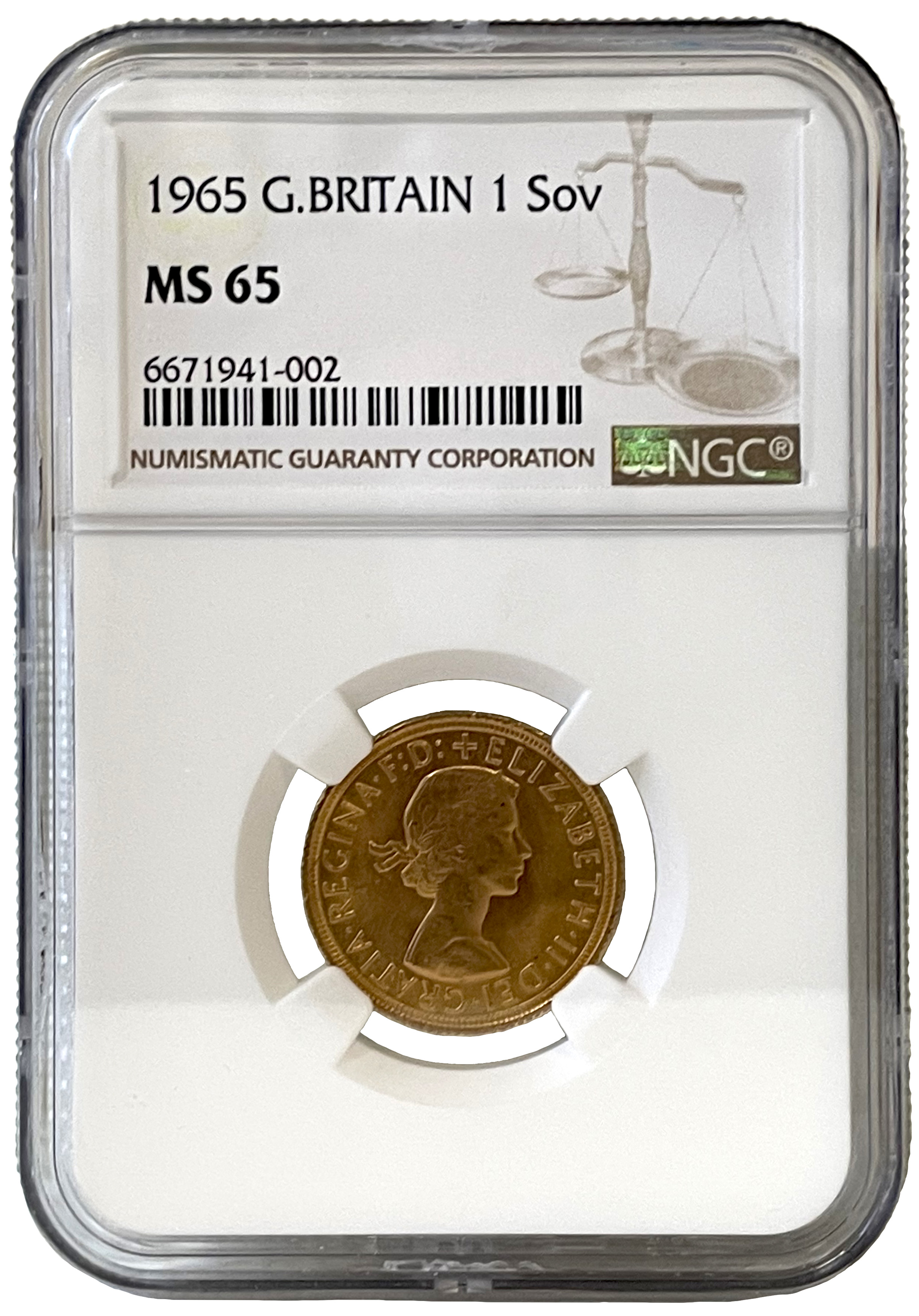 Elizabeth II 1965 Gillick Sovereign MS65, First Portrait | European Coins