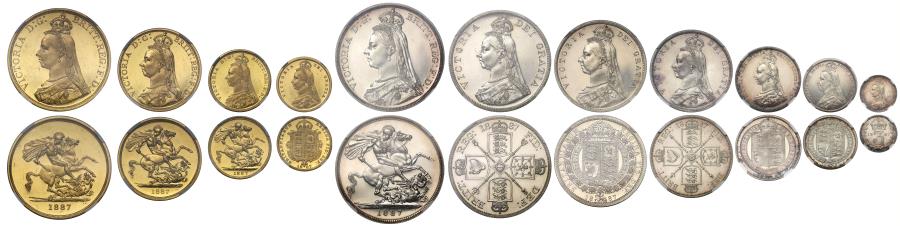 Victoria 1887 Jubilee full gold and silver proof set, NGC graded