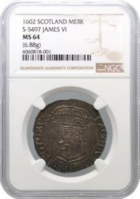 Scotland, James VI silver Merk 1602, NGC MS64 finest graded | European ...